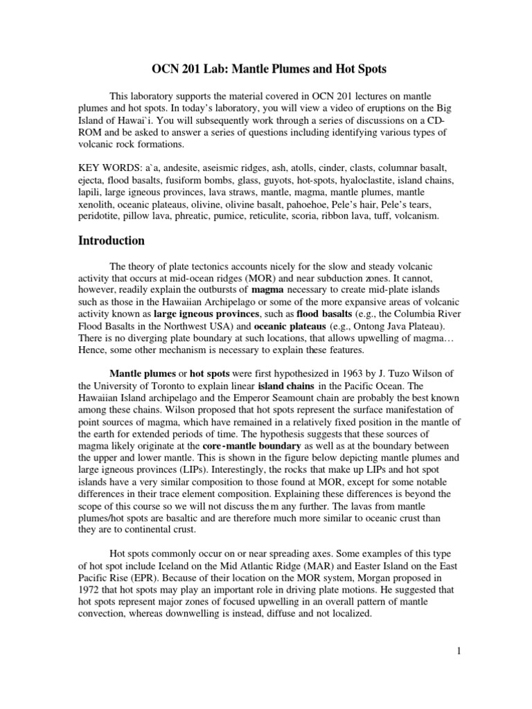 OCN 201 Lab: Mantle Plumes and Hot Spots | PDF | Volcano | Plate Tectonics