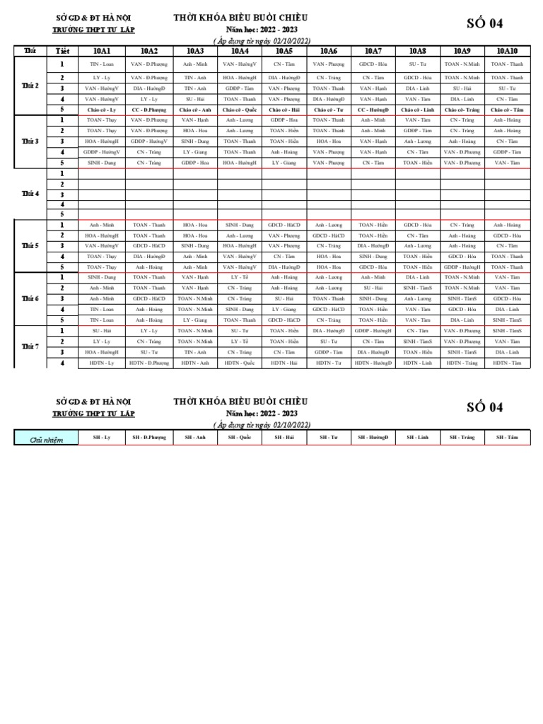 TKB Chieu SO 04 - 2022-2023 | PDF
