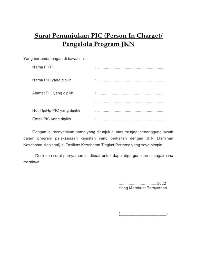 Surat Penunjukan (Diisi Data PIC Yang Ditunjuk, Dittd Oleh Pimpinan ...