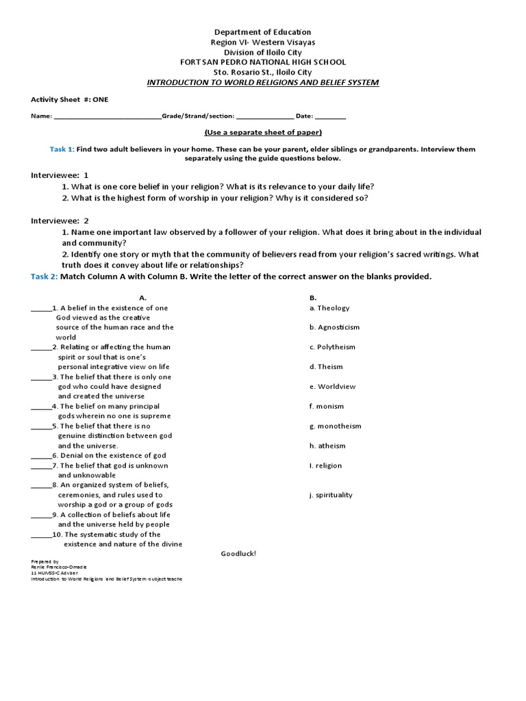 World Religions Activity Sheet | PDF