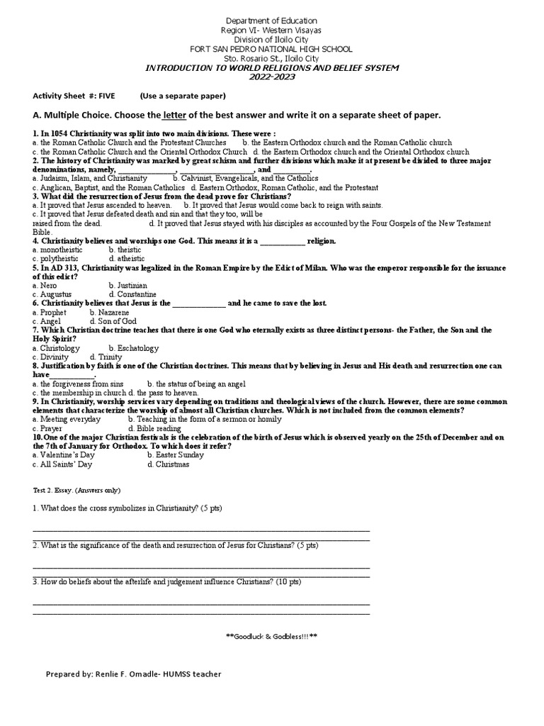 Activity Sheet #5 2022-2023 Introduction To World Religions & Belief ...