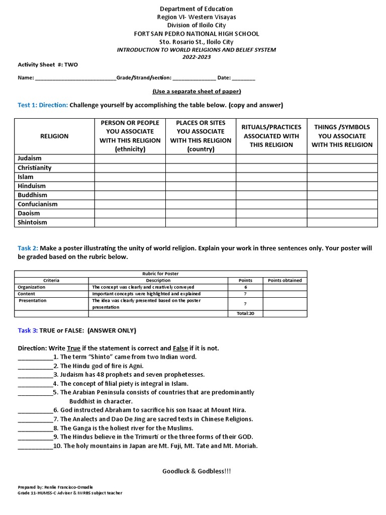 World Religions Activity Sheet 2022-2023 | PDF