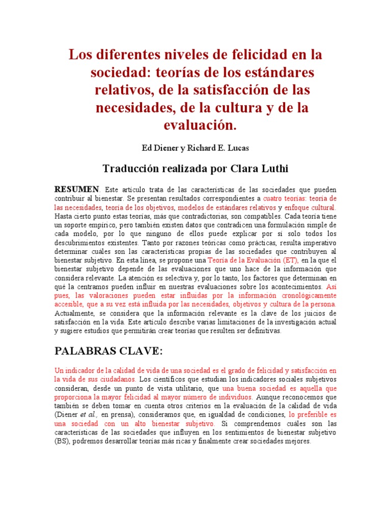 Teorías del bienestar en la sociedad | PDF | Teoría | Felicidad