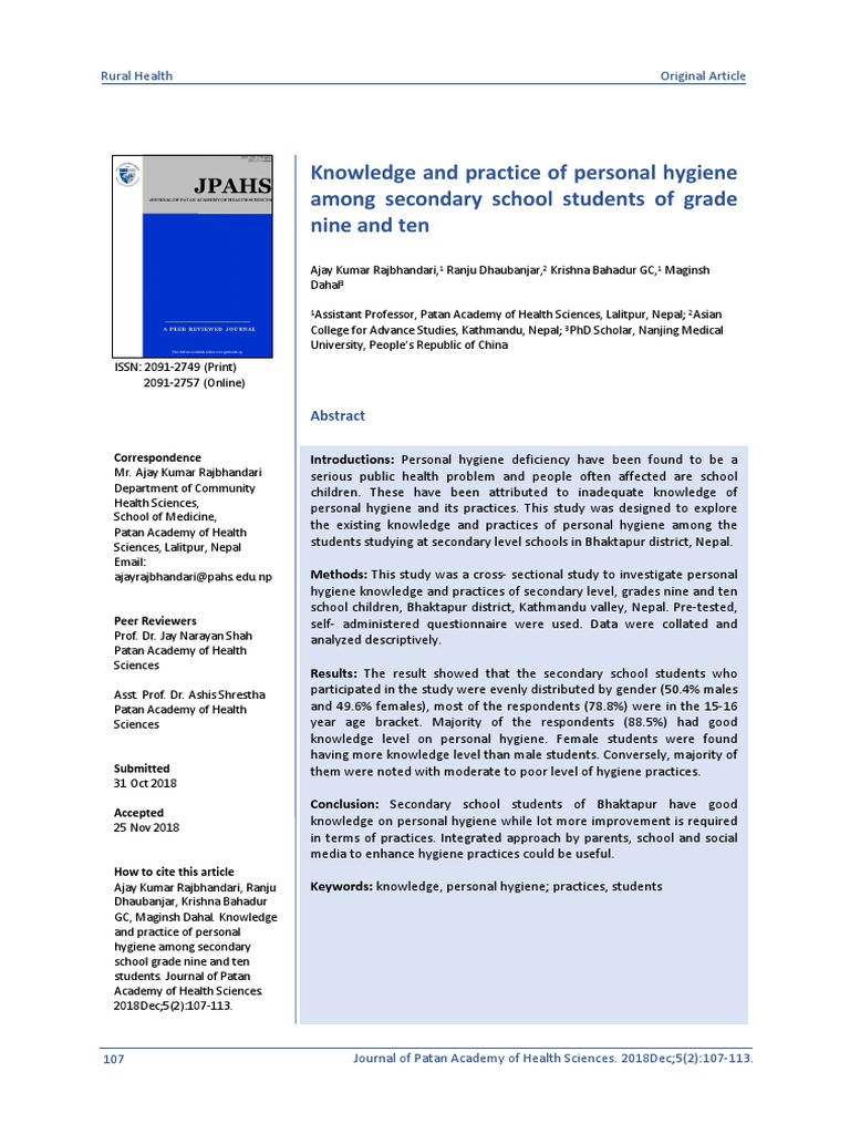 Personal Hygiene Knowledge in Students | PDF | Hygiene | Self Report Study