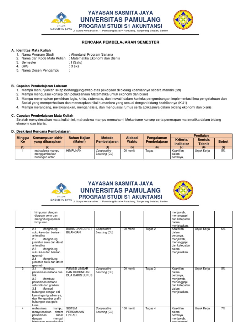 RPS Matematika Ekonomi Dan Bisnis | PDF