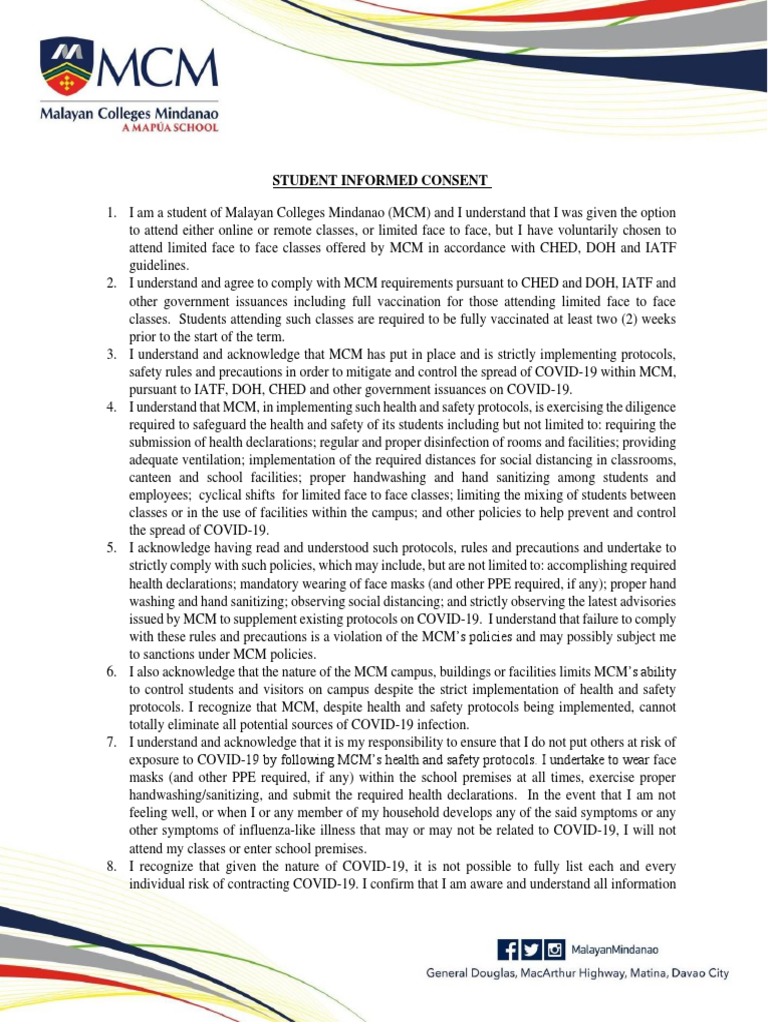 MCM Student Informed Consent and Waiver FINAL Fillable PDF | PDF | Personal Protective Equipment ...