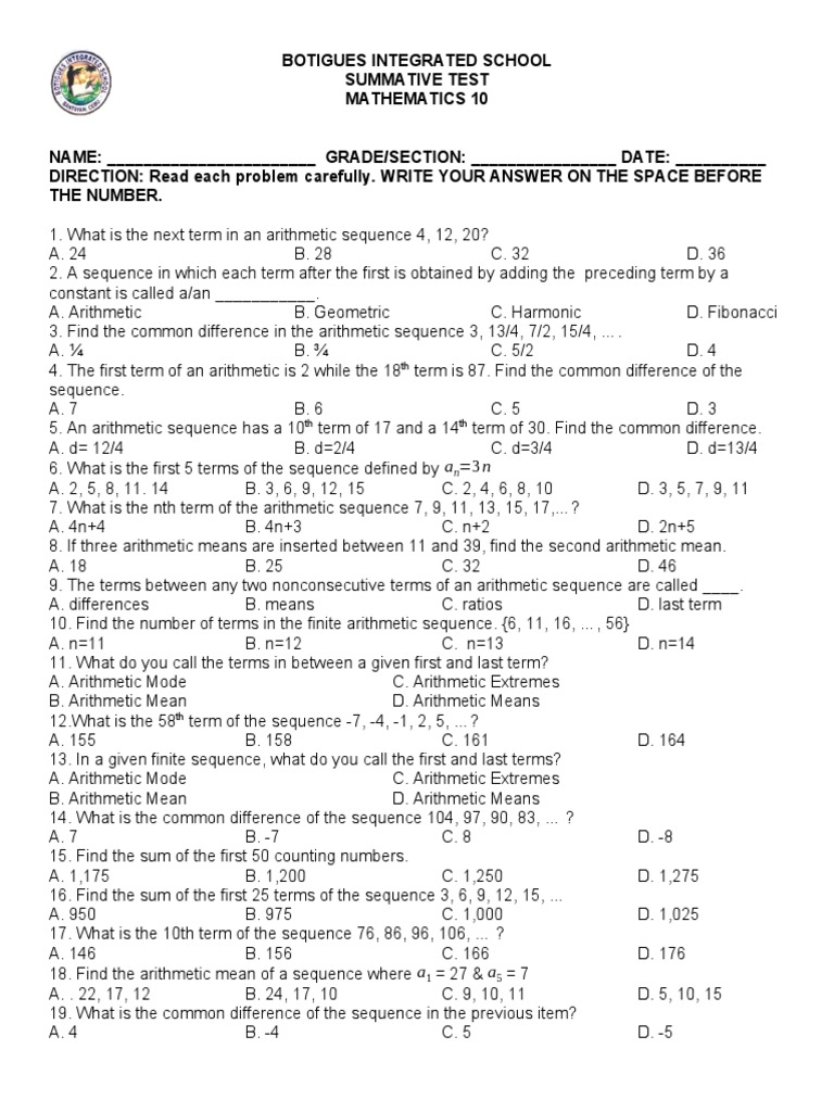 Summative Test in Mathematics 10: Arithmetic and Geometric Sequences ...