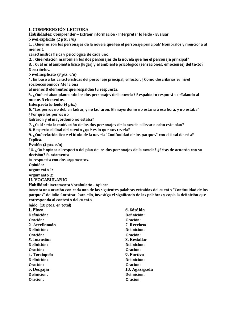 Taller Continuidad de Los Parques | Descargar gratis PDF | Comprensión ...
