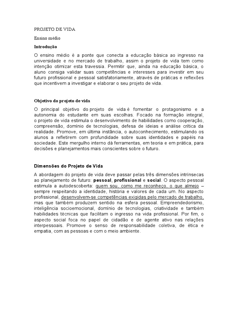Projeto De Vida Ensino Médio Pdf