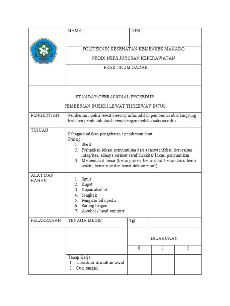 Sop Pemberian Cairan Injeksi Lewat Three Way Infus | PDF | Kesehatan Holistik | Sains & Matematika
