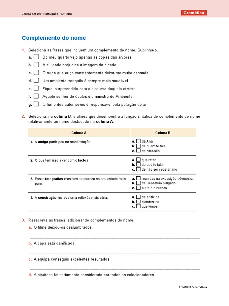 Ldia10 Ficha Gramatica Complemento Nome | PDF