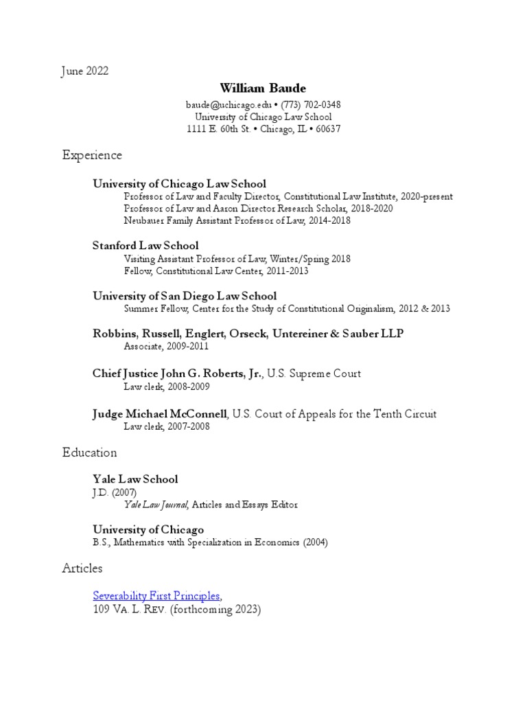 William Baude's Legal Career & Publications | PDF | Supreme Court Of ...