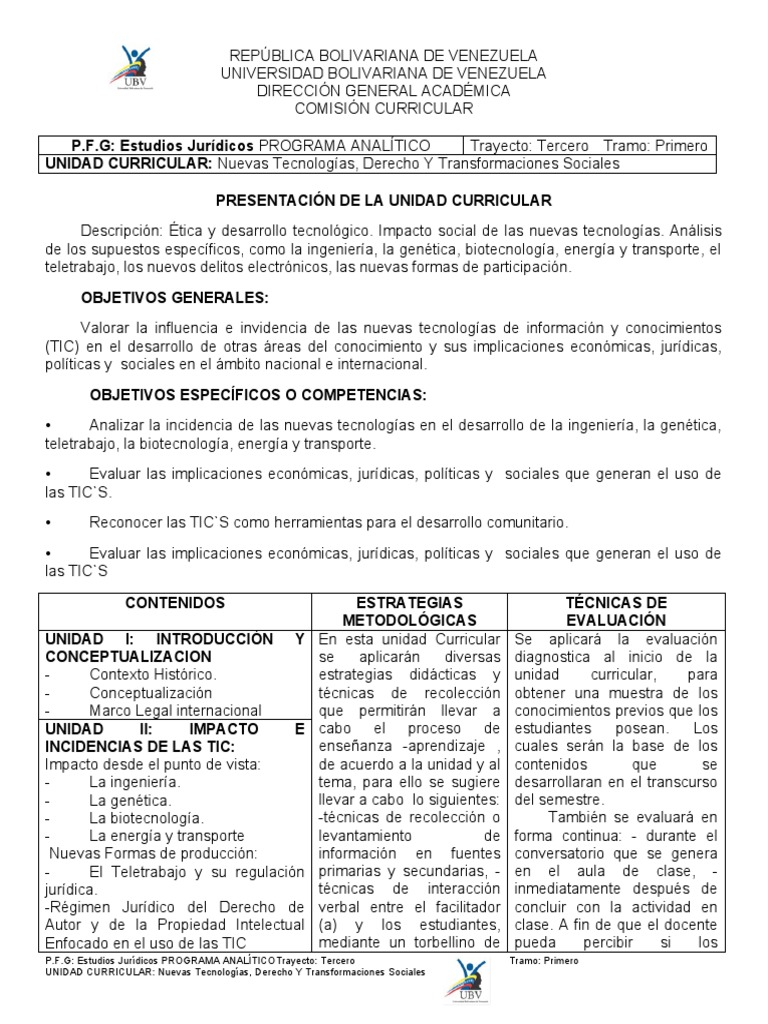 Programa Nuevas Tecnologías, Derecho Y Transformaciones Sociales UBV | PDF | Evaluación ...