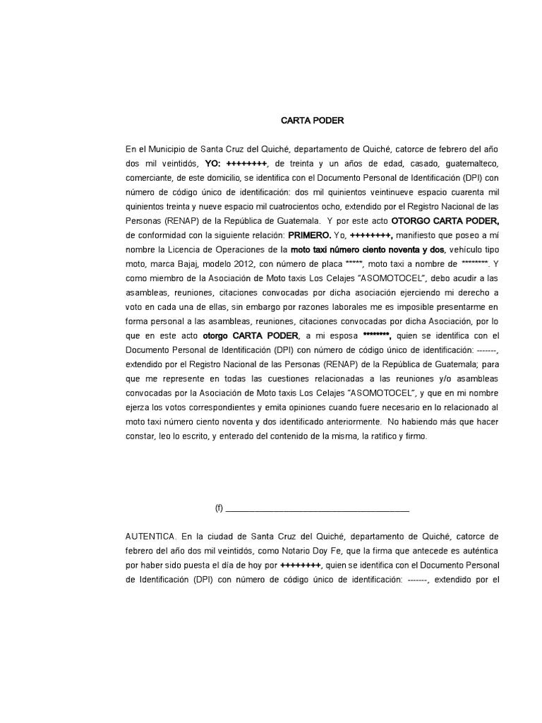CARTA DE PODER (Representar en Asociacion de Mototaxistas) | PDF | Guatemala | Gobierno