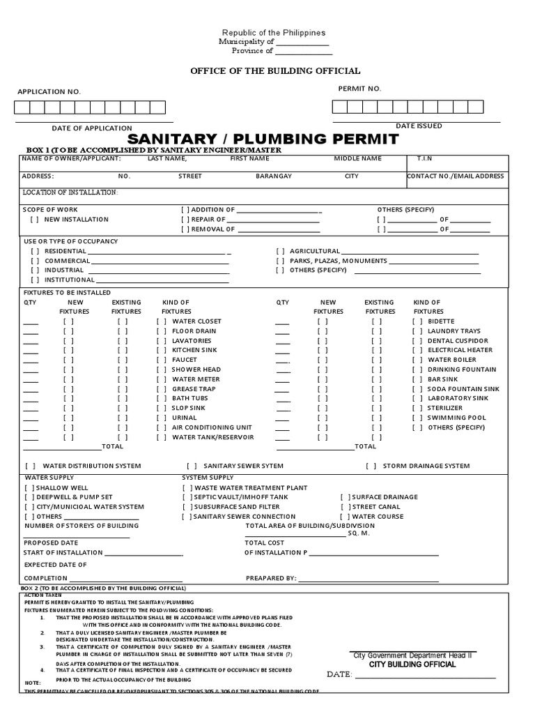 Sanitary and Plumbing Permit Application | PDF | Plumbing | Sanitation