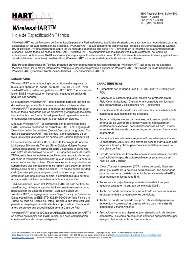 Wireless HART Technical Data Sheet Spanish | PDF | Calidad de servicio ...
