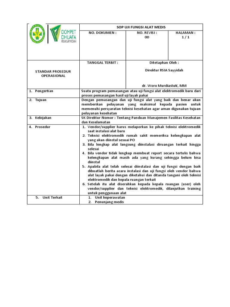 Sop Uji Fungsi Alat Medis | PDF