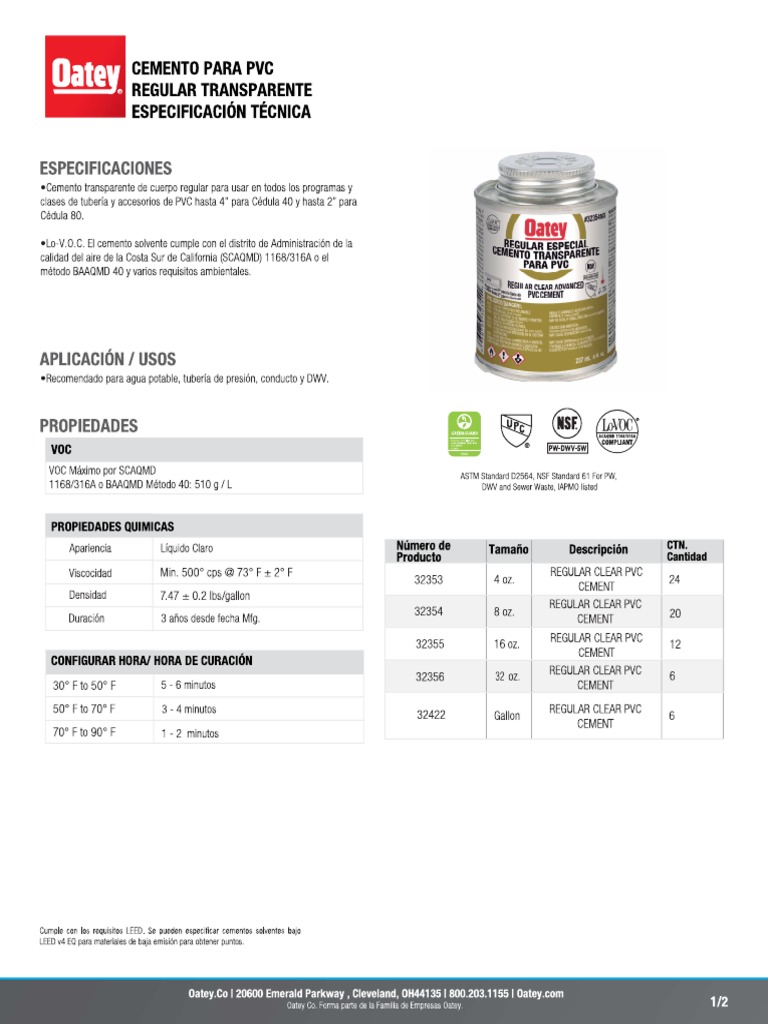 Ficha Tecnica Regular Especial Cemento Transparente para PVC | PDF