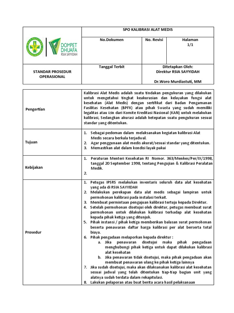 Prosedur Kalibrasi Alat Medis RSIA | PDF | Hukum