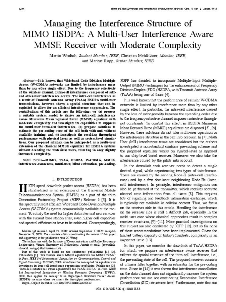 Managing The Interference Structure Of Mimo Hsdpa A Multi User