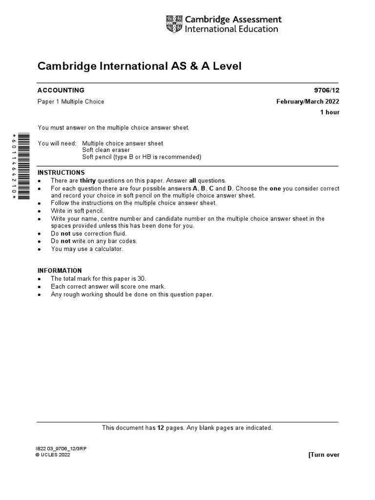Cambridge International AS & A Level: Accounting 9706/12 | Download ...