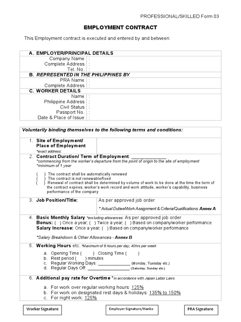 Professional Skilled Form 03 Master Employment Contract | Download Free PDF | Employment | Salary