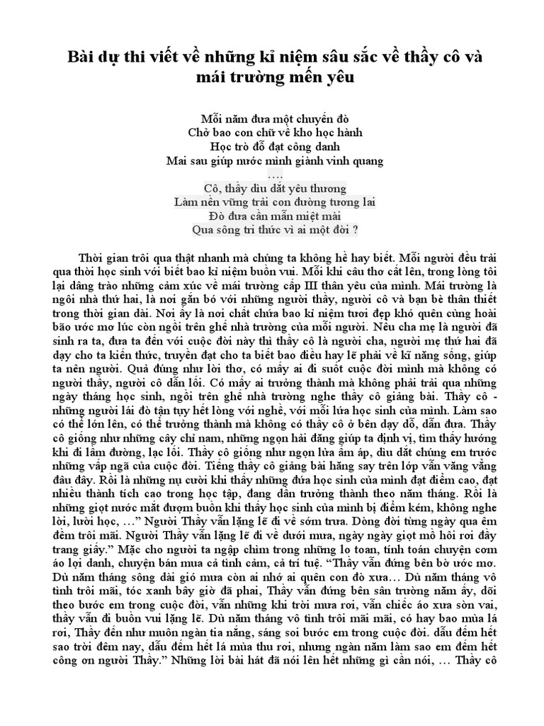 Bài Dự Thi Viết Về Những Kỉ Niệm Sâu Sắc Về Thầy Cô Và Mái Trường Mến Yêu | PDF