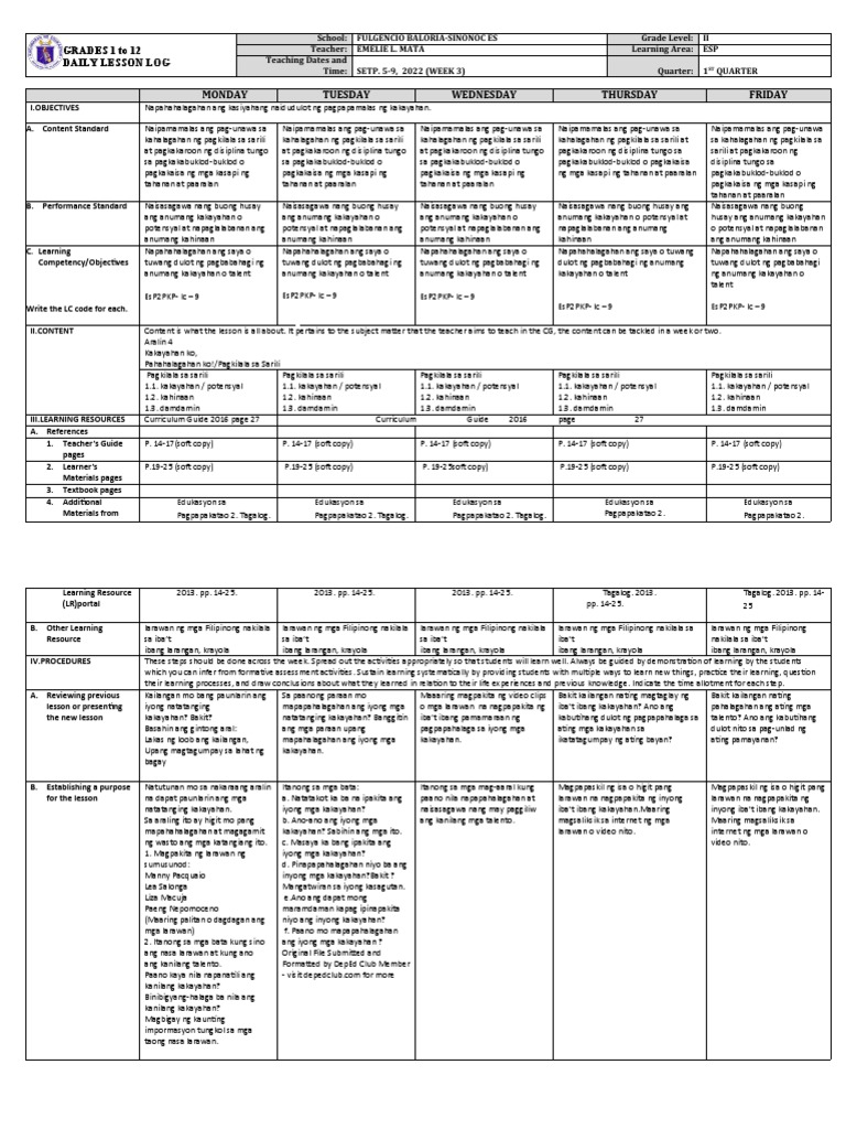 DLL Q-1, Week2, Esp 2 | PDF