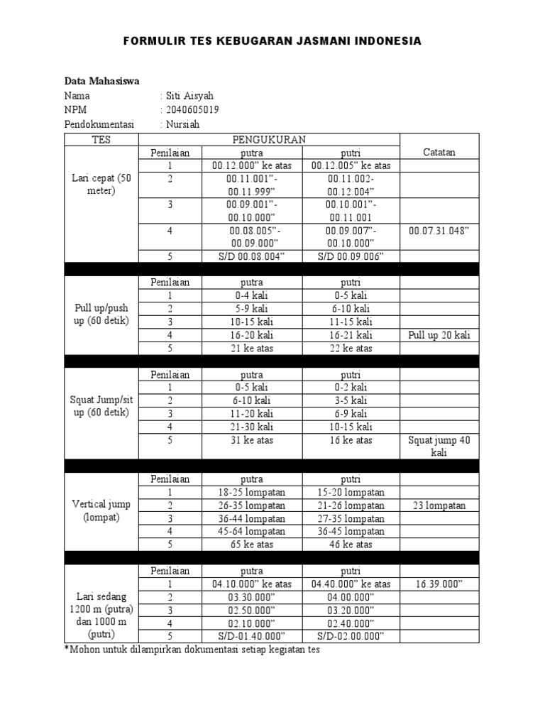 Form Tes Kebugaran Jasmani Indonesia (Siti Aisyah A4) | PDF