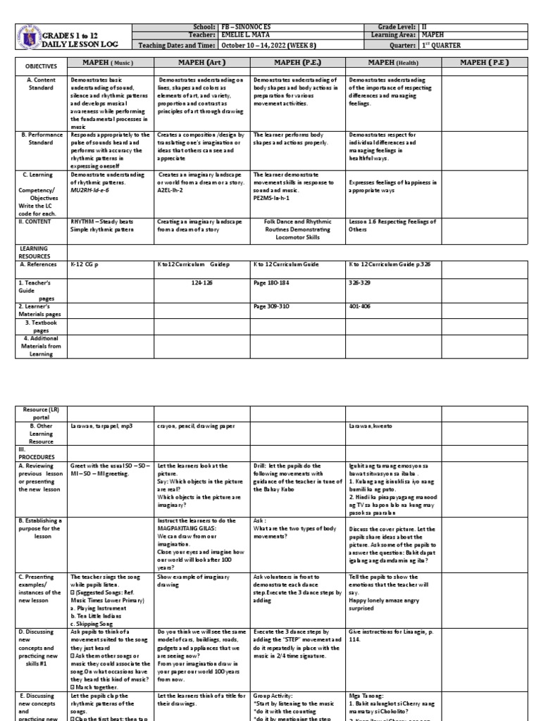 DLL - All Subjects 2 - Q1 - W7 - D1 | PDF | Rhythm | Learning
