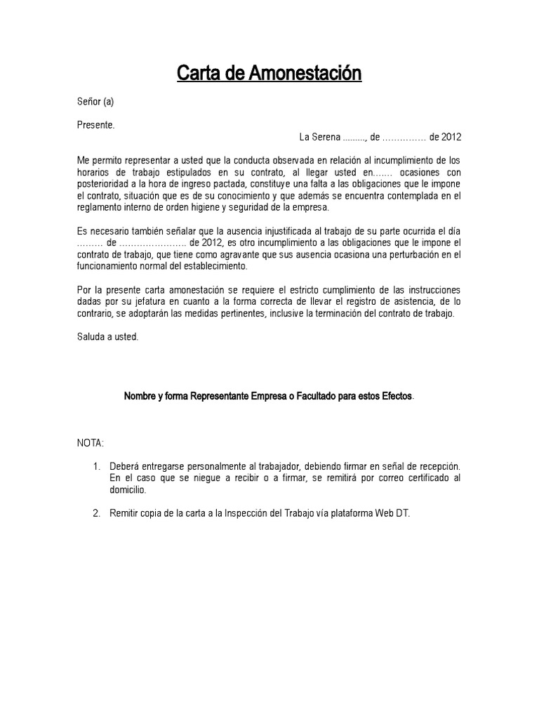 Carta de amonestación por incumplimiento de horarios y ausencia ...