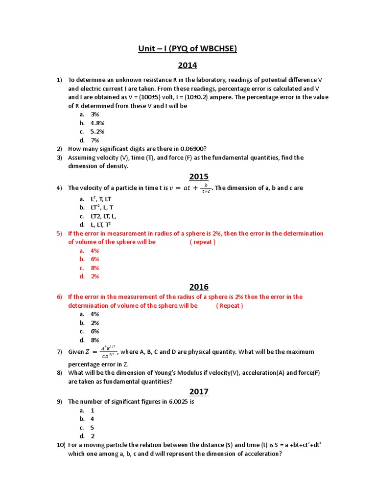 Unit 1 PYQ | PDF | Physics | Quantity