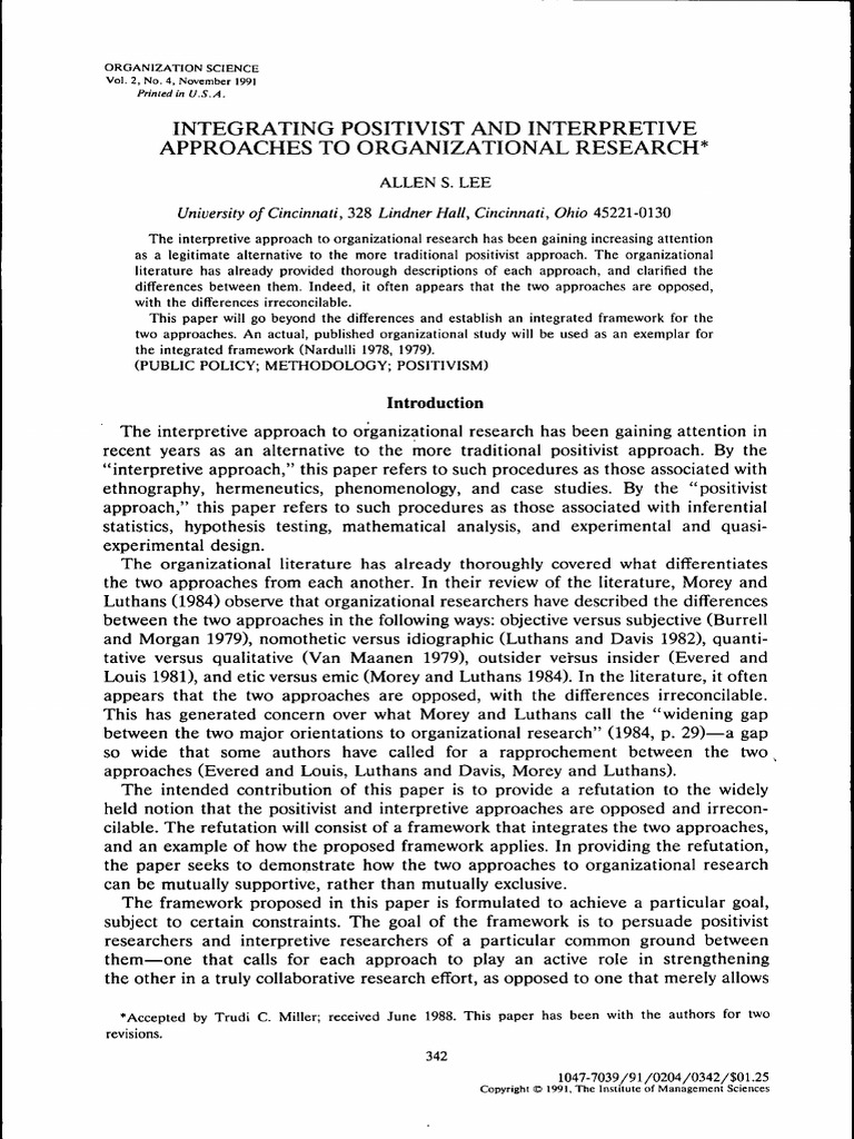 Integrating Positivist and Interpretive Approaches To Organizational ...