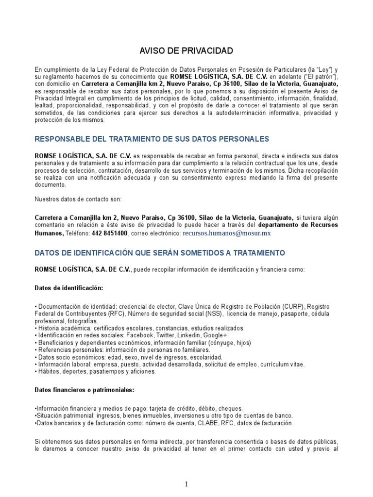 Aviso de Privacidad | PDF | Privacidad de la información | Seguro