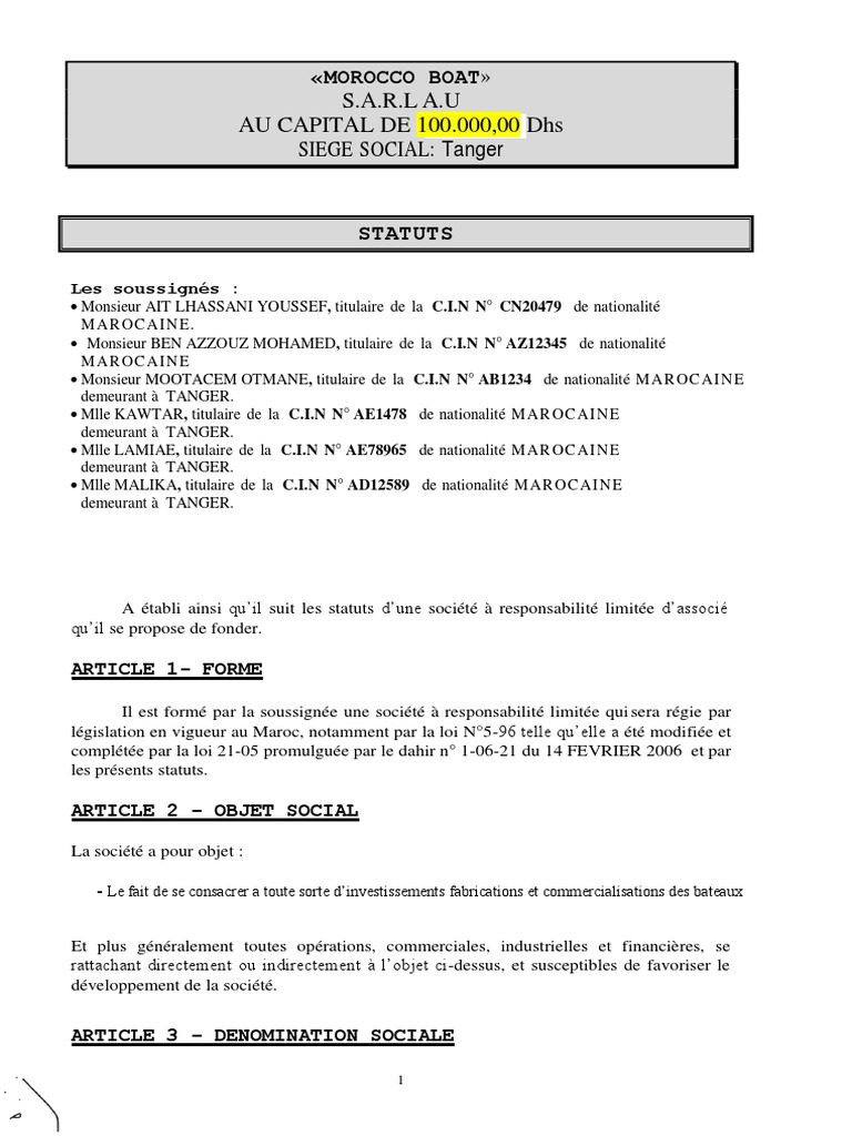 Statuts Sarl | PDF | Partenariat | Chèque