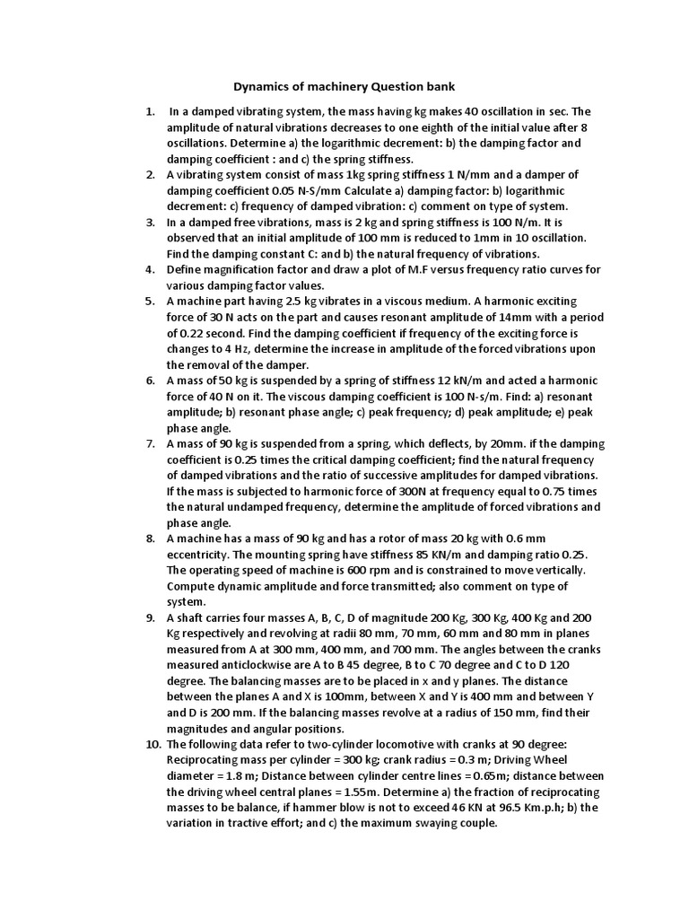 Dynamics of Machinery Question Bank: Solved Problems on Vibration Analysis, Balancing of ...