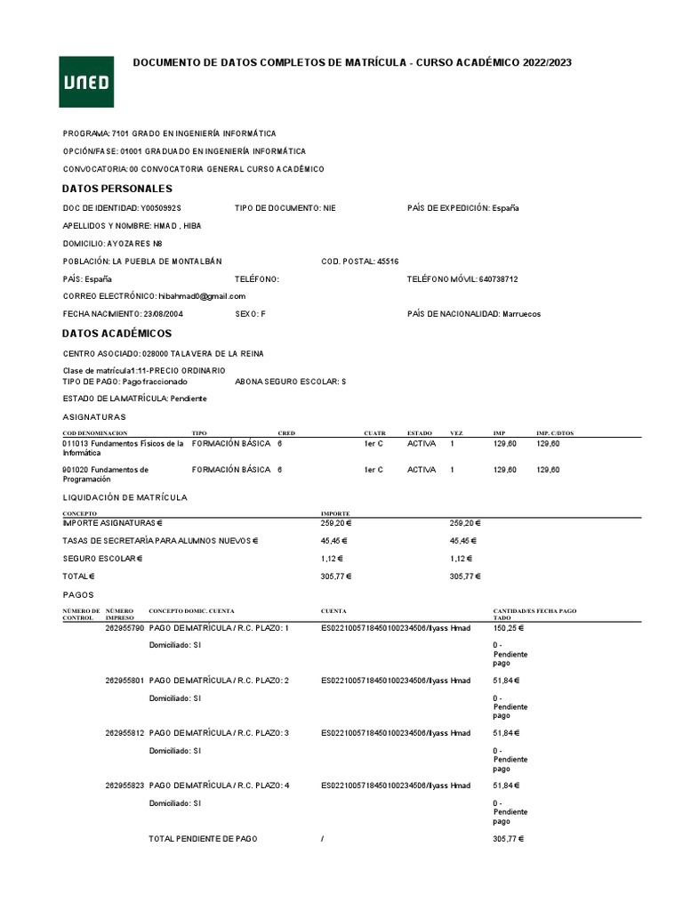Documento de Datos Completos de Matrícula - Curso Académico 2022/2023 ...
