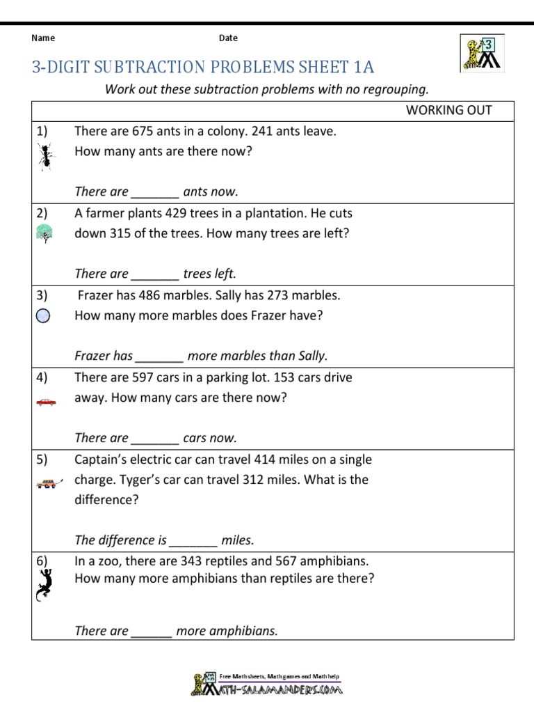 3 Digit Subtraction Word Problems 1a | PDF