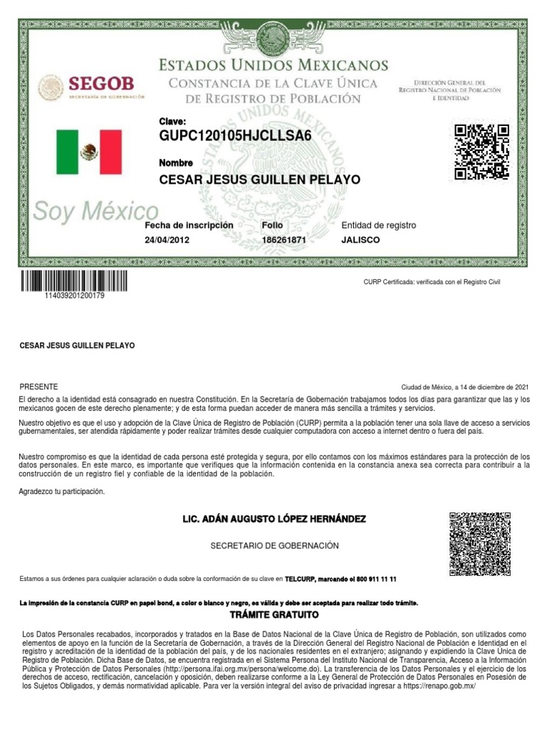 GUPC120105HJCLLSA6: Cesar Jesus Guillen Pelayo | PDF | Privacidad de la ...