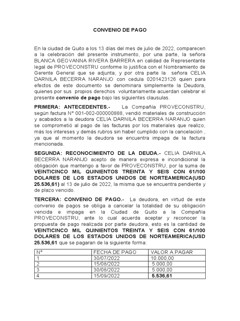 Convenio de Pago entre PROVECONSTRU y Deudora | PDF | Pagos