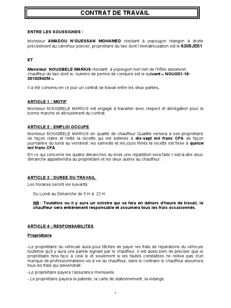 Contrat de Travail Taxi Mohamed | PDF