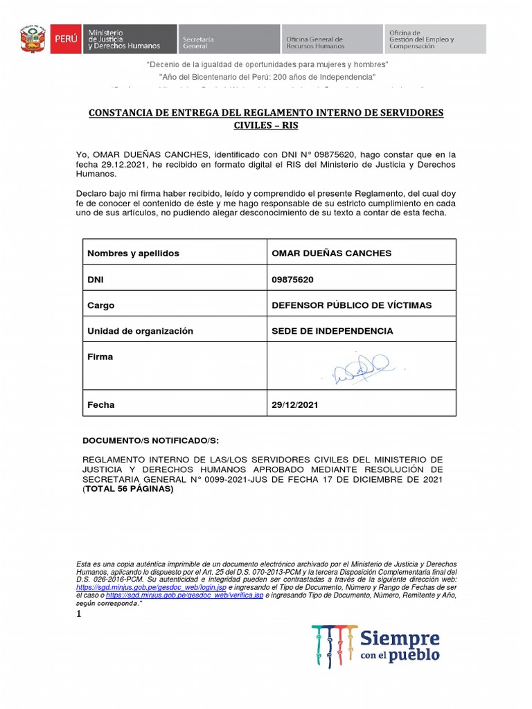 Constancia de Entrega Del Reglamento Interno | PDF