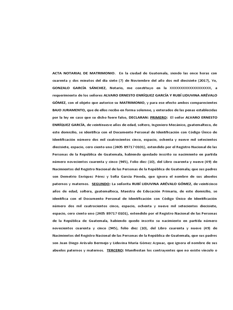 Modelo de Acta Notarial de Matrimonio | PDF | Matrimonio | Guatemala