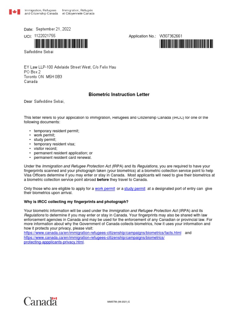 Saifeddine Sebai - Biometrics Collection Letter - IMM5756 - 2-YMNZ7BE ...