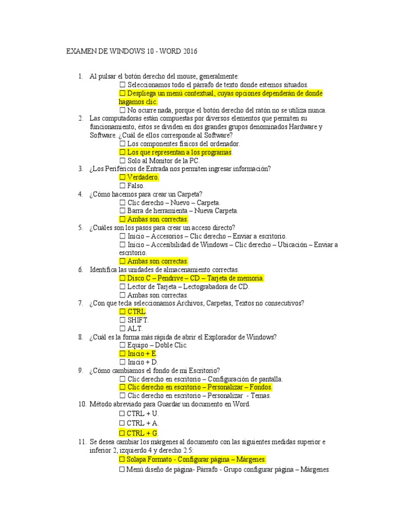 05 - Examen de Windows 10 - Word 2016 - Corregido | PDF | Computadora de escritorio | Windows 10