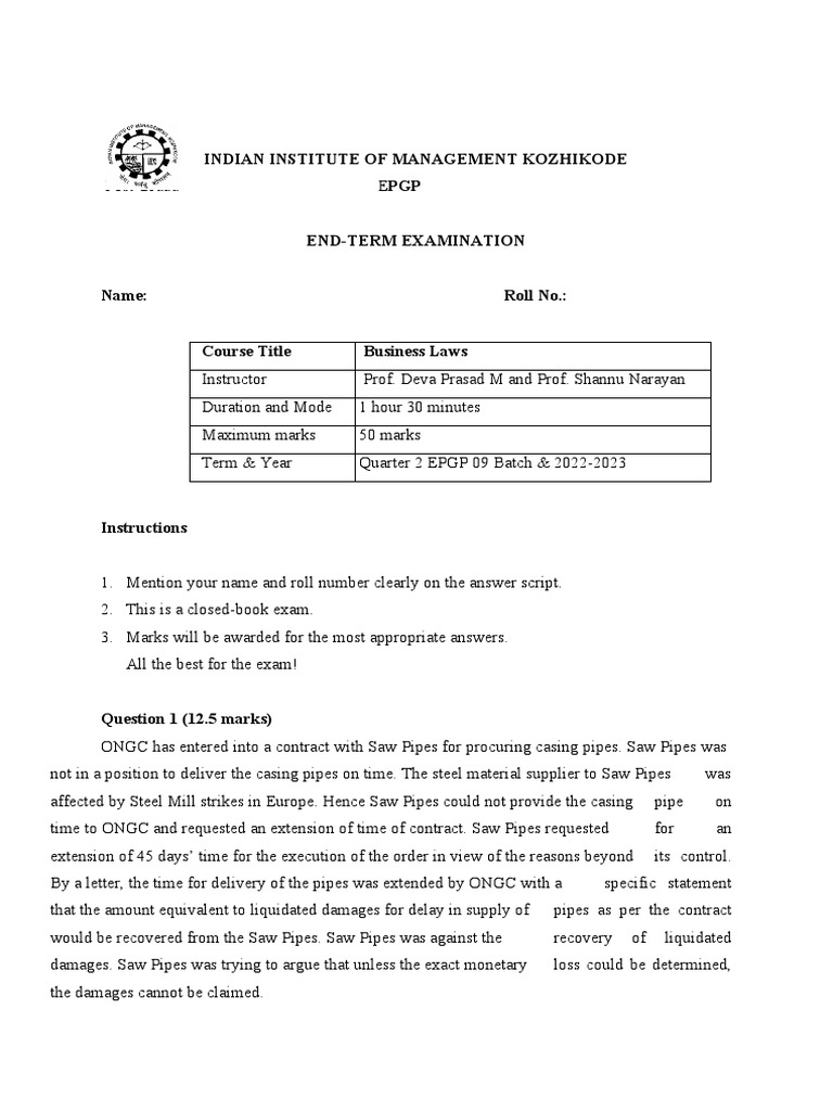 IIM Kozhikode EPGP Business Laws End-Term Exam | PDF | Liquidated Damages | Damages