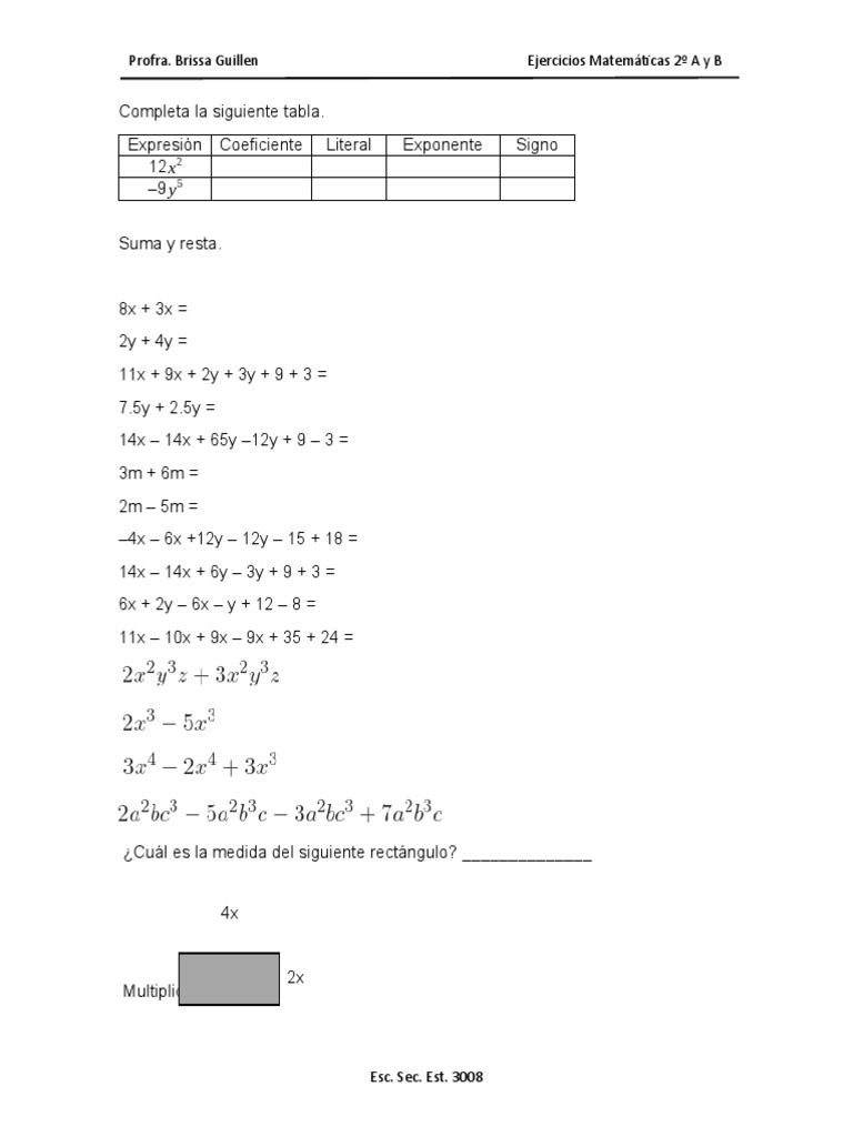 Ejercicios de álgebra básica que incluyen sumas, restas ...