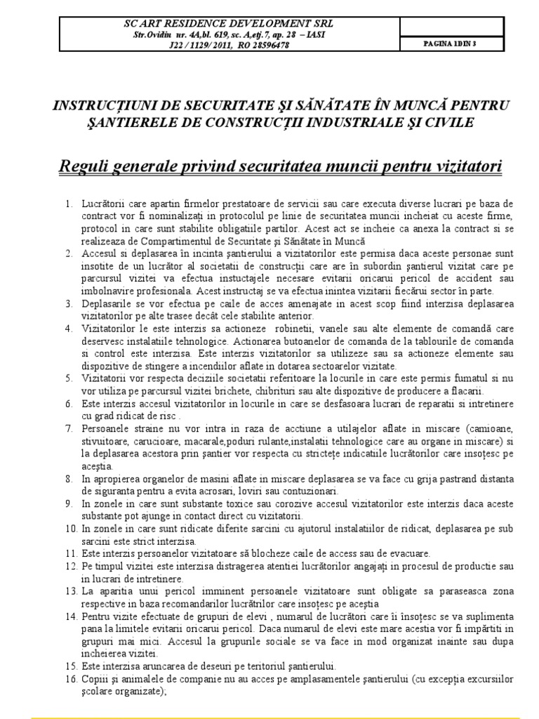 Reguli Generale SSM Pentru Vizitatori | PDF