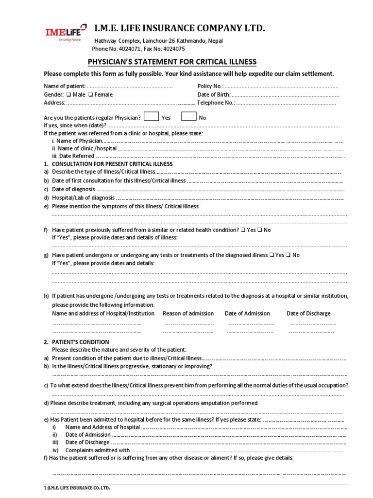 I.M.E. Life Insurance Company LTD.: Physician'S Statement For Critical ...