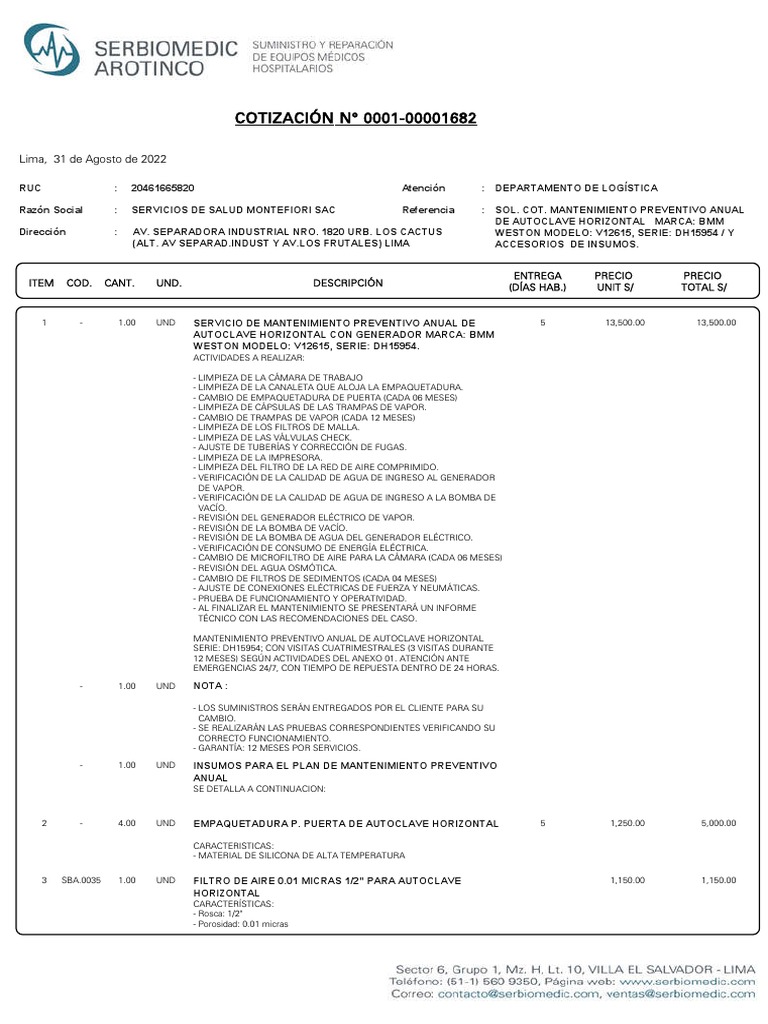 Cot1682 SOL. COT. SERVICIO DE MANTENIMIENTO PREVENTIVO ANUAL DE AUTOCLAVE MARCA BMM WESTON CON ...